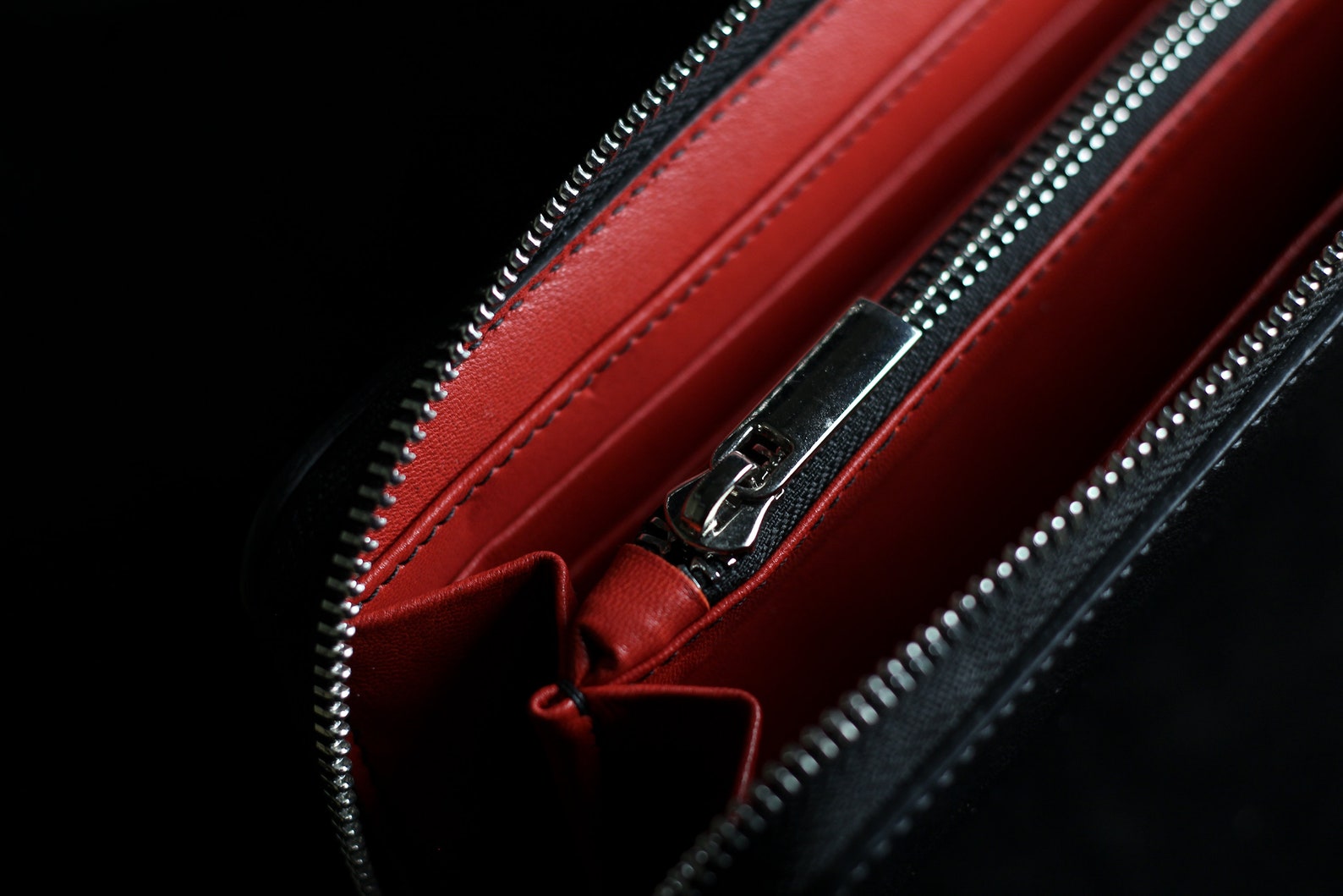 Black Zipper Long Wallet With Red Leather Interior / Sewn by - Etsy