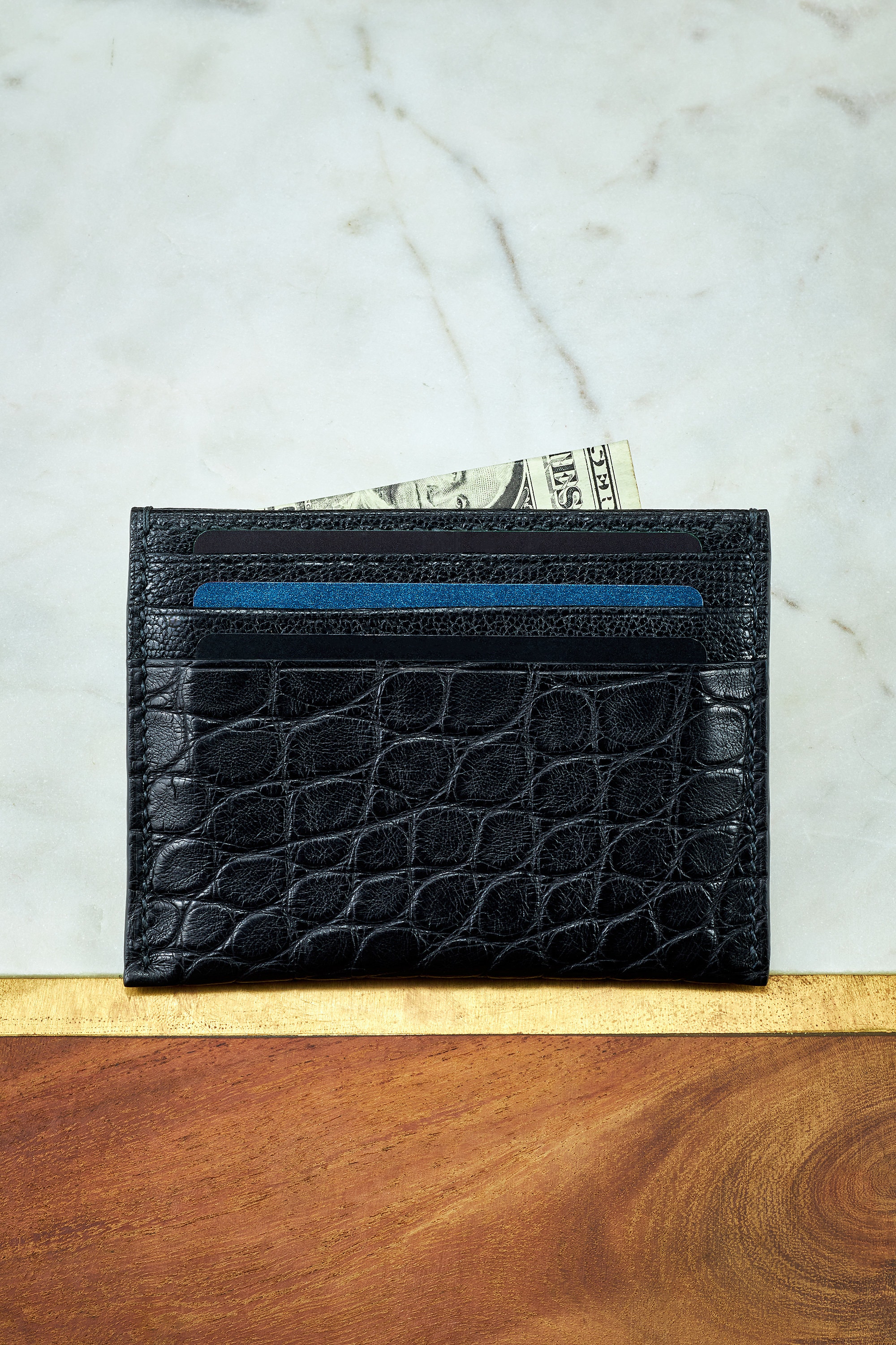 Black Alligator Card Holder Leather Wallet for 6 Cards, Cash Slot ...