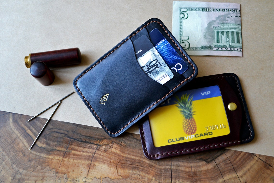 Leather ID Card Holder in Black Horween Leather / With Cash - Etsy