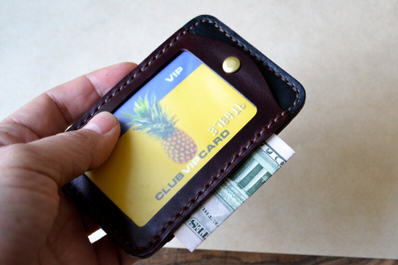 Burgundy Horween leather ID card holder with cash / ID window | Etsy