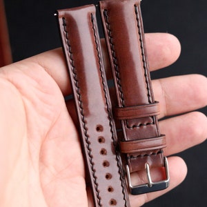 Horween Shell Cordovan Watch Strap Band in Reddish Brown #4 Color / Padded Leather Handmade ...