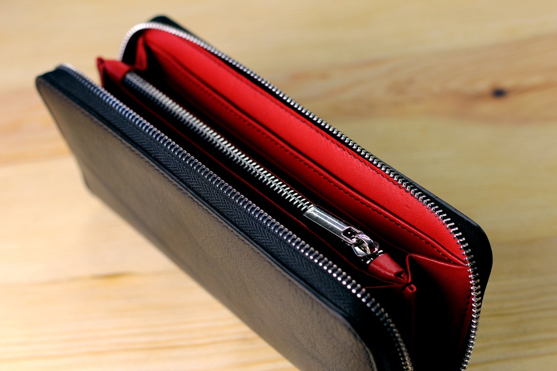 Black Zipper Long Wallet With Red Leather Interior / Sewn by Hand ...
