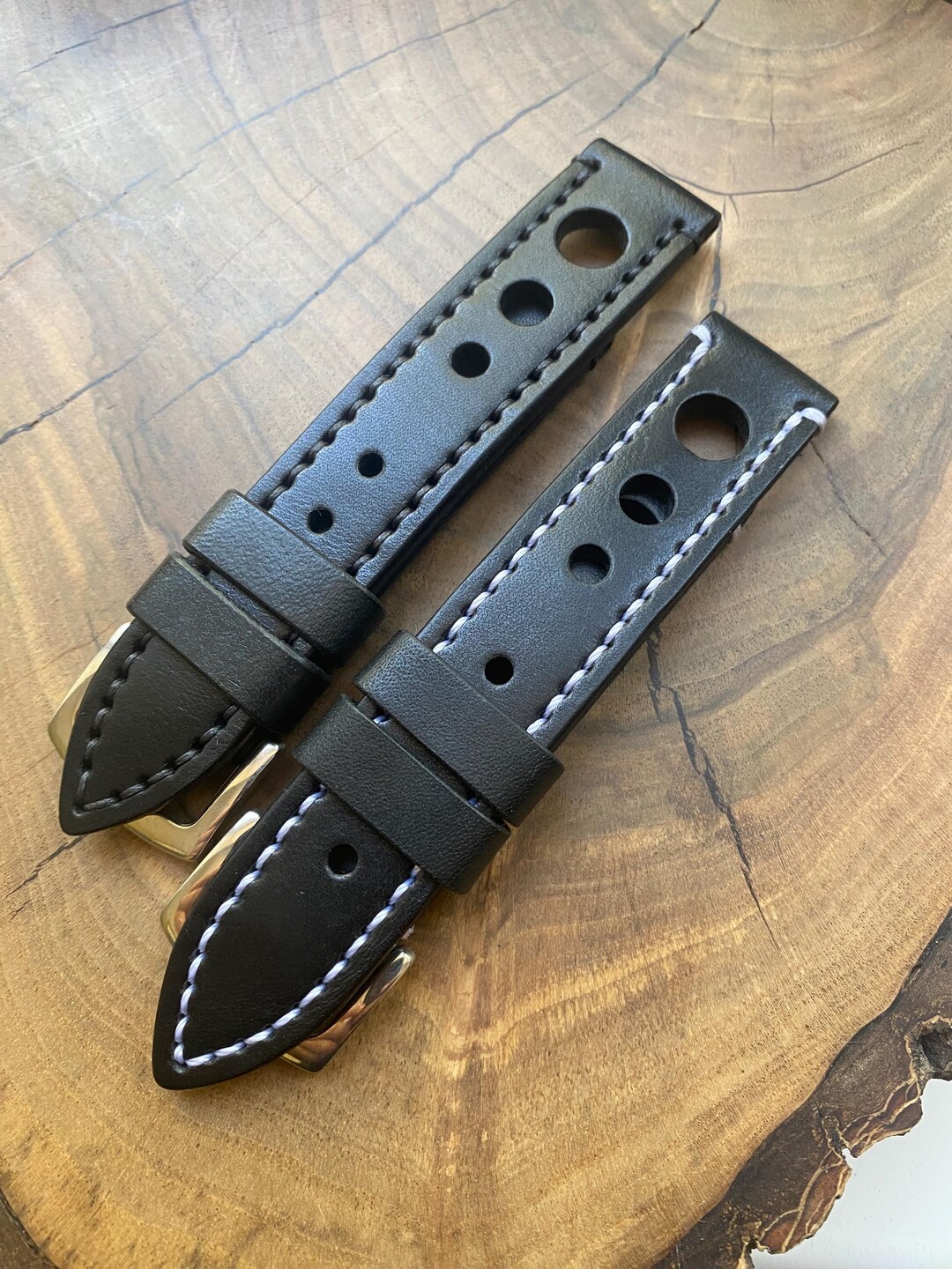 Handmade Black Leather Watch Strap: Panerai Style, Thick Stitching ...