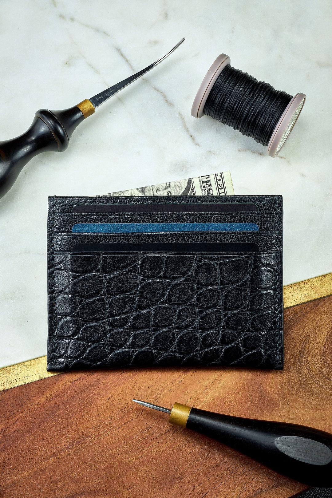 Black Alligator Card Holder Leather Wallet for 6 Cards, Cash Slot ...