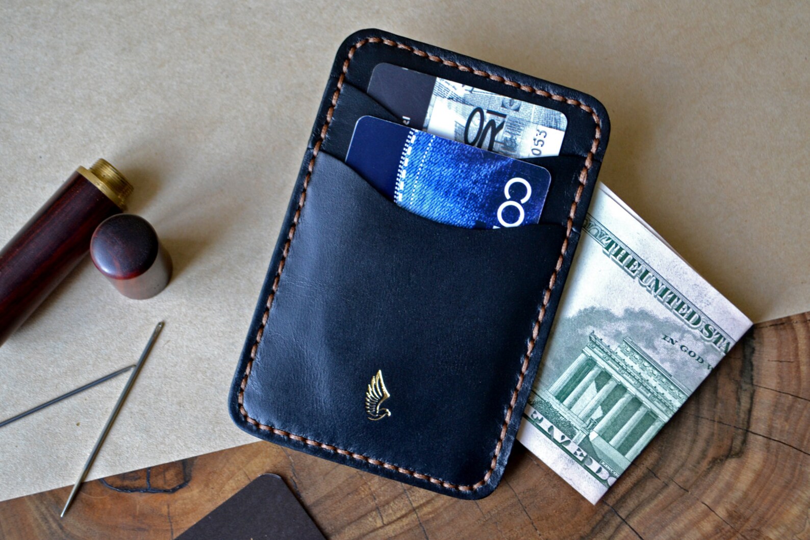 Leather ID Card Holder in Black Horween Leather / With Cash - Etsy