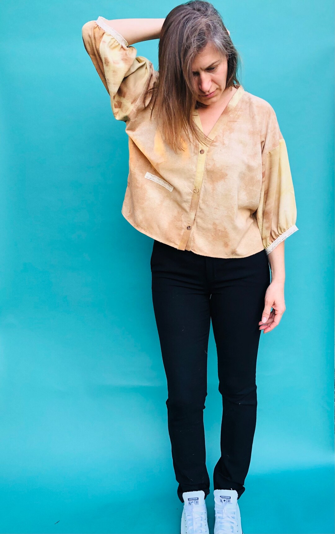 Naturally Dyed Raw Silk Blouse, Zero Waste Pattern Raw Silk Top, Cutch ...