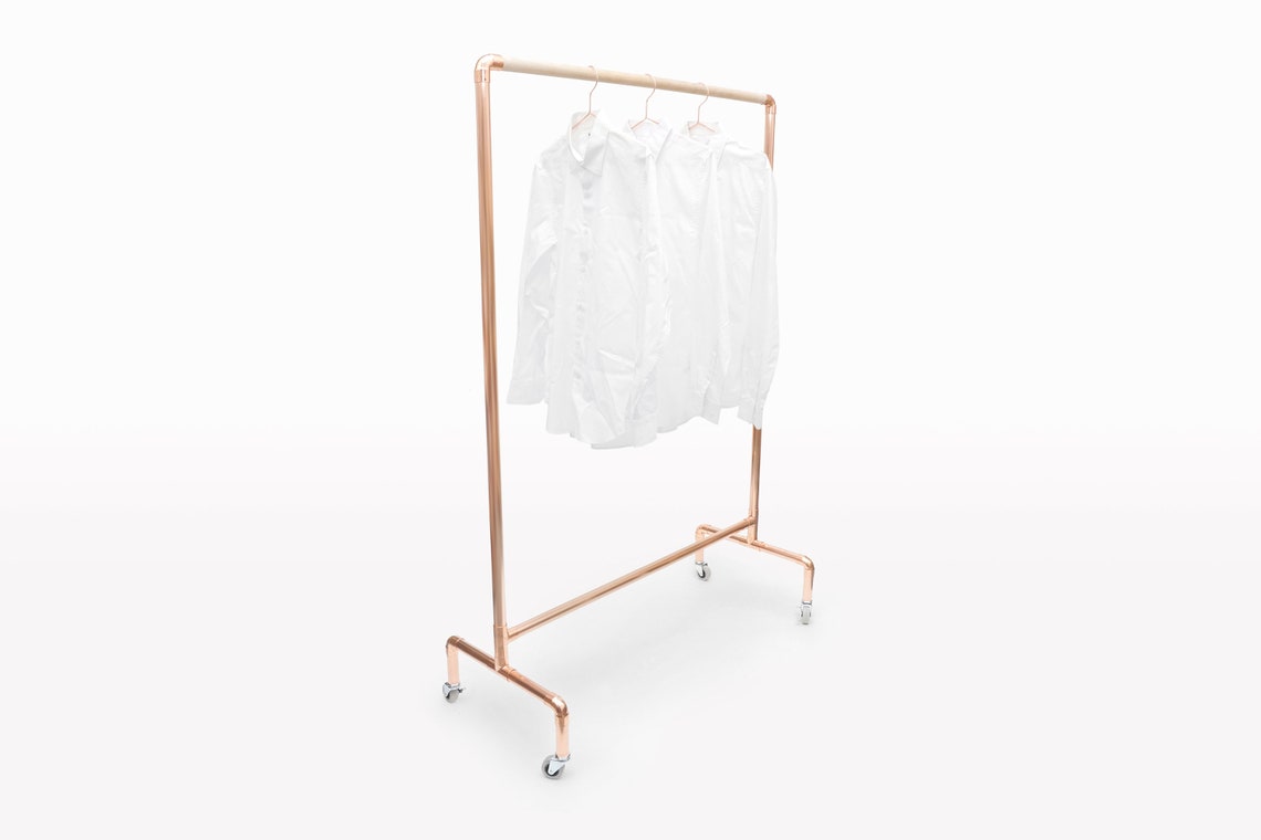 Copper Rolling Rack • Freestanding Clothing / Garment Rack • Wood Rod ...