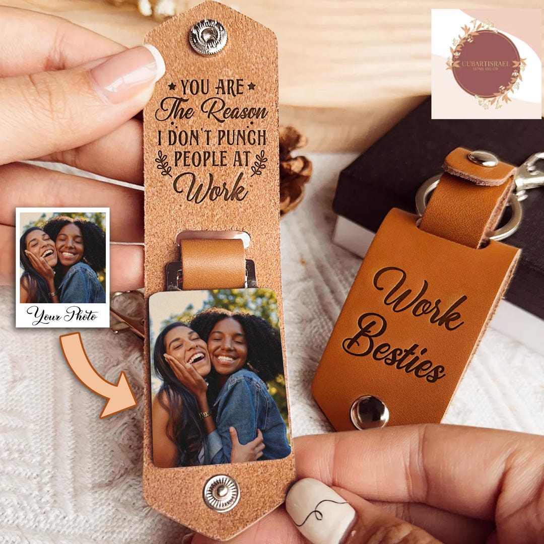 Work Besties Keychain - Personalized Leather Photo Keychain - Keychain ...