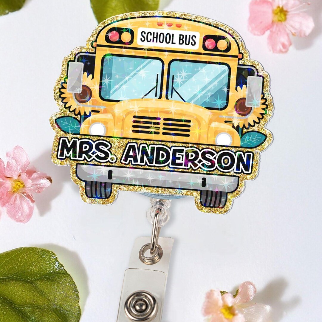 Custom School Bus Badge Reel Glitter ID Holder for Teacher Bus Driver ...