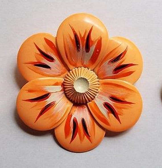 Bright Flower Power 1960s Orange Enamel Hand Painted … - Gem