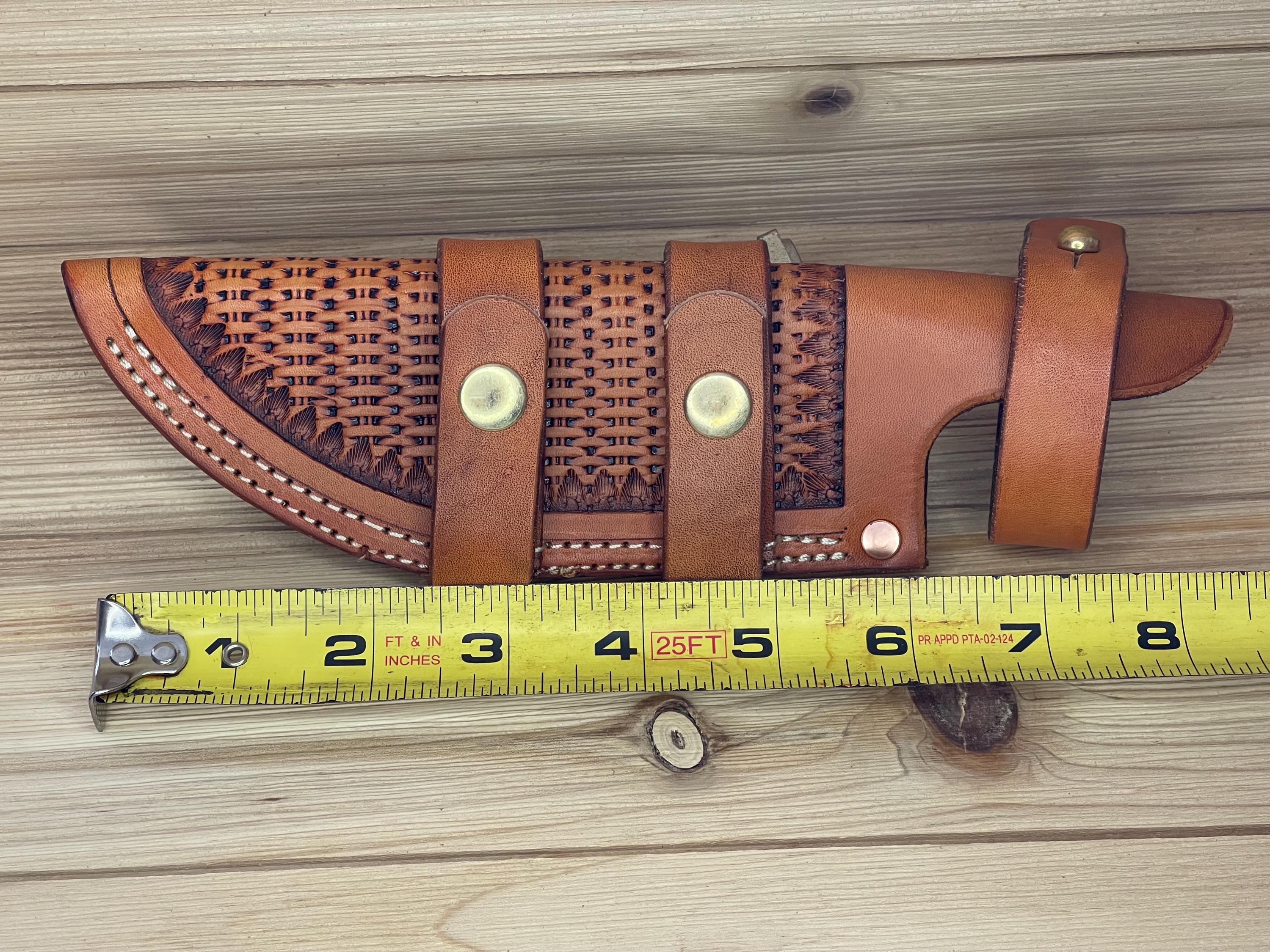 Handmade Leather Fixed Blade Horizontal Carry Knife Sheath in Antique Saddle Tan - Fine Basket ...