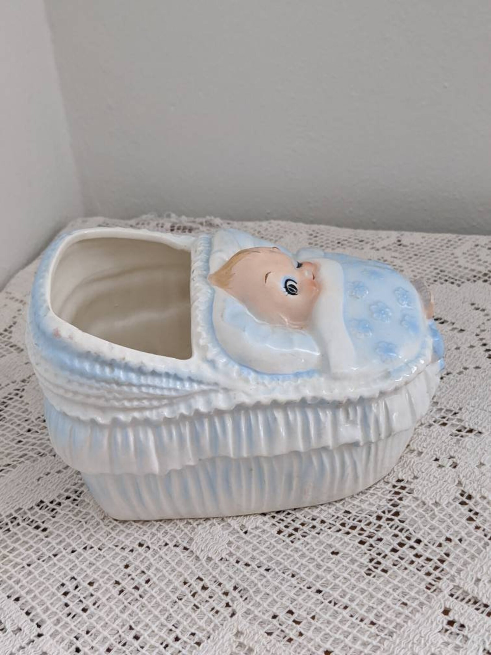 Lefton Baby Boy Kewpie Planter Winking Cherub Ceramic Bassinet | Etsy
