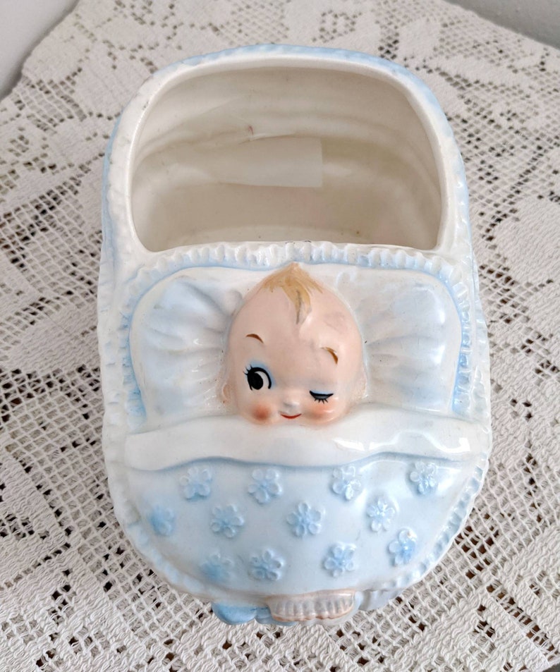 Lefton Baby Boy Kewpie Planter Winking Cherub Ceramic Bassinet | Etsy