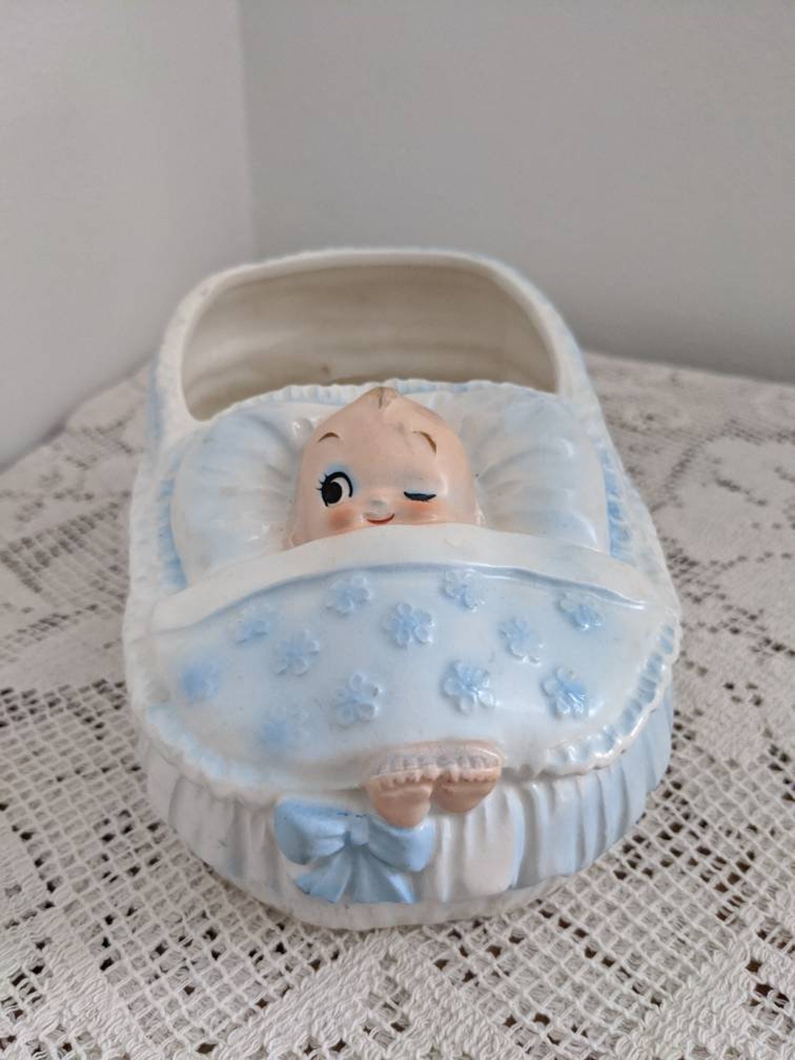Lefton Baby Boy Kewpie Planter Winking Cherub Ceramic Bassinet | Etsy