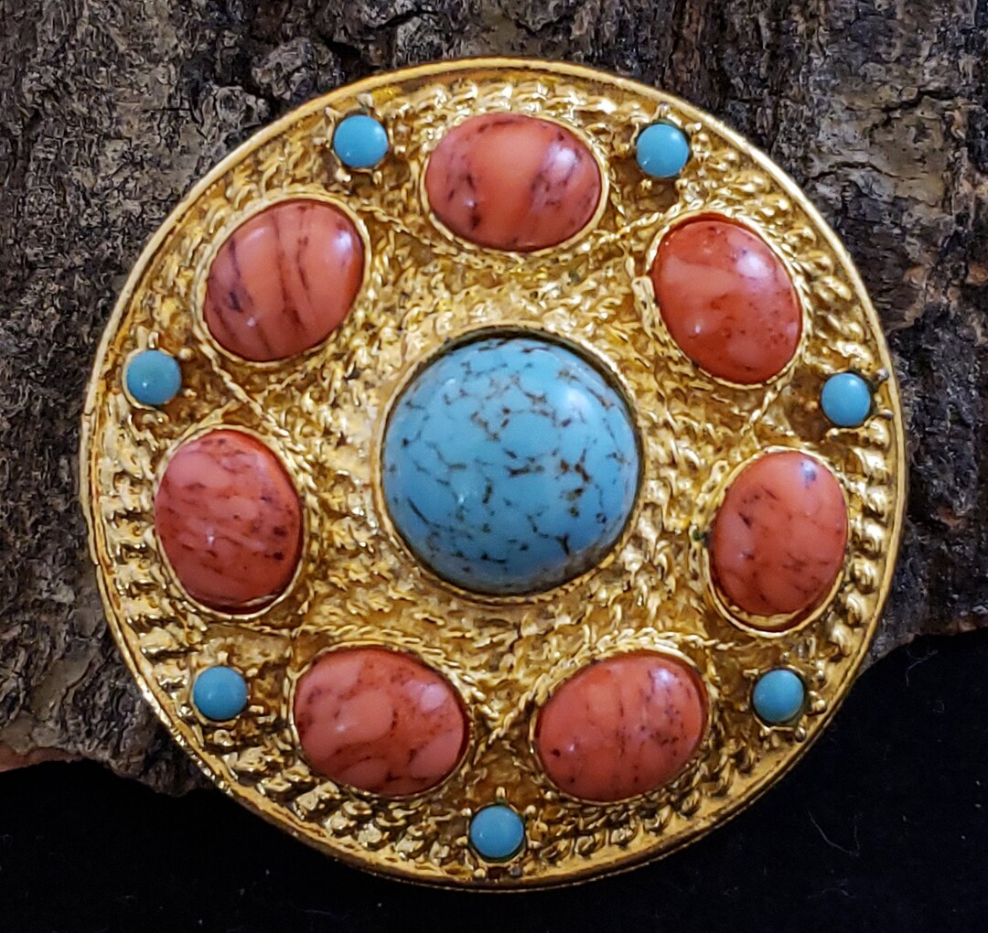 Vintage Unsigned Round Metal Brooch/pin With Faux Coral and Turquois ...