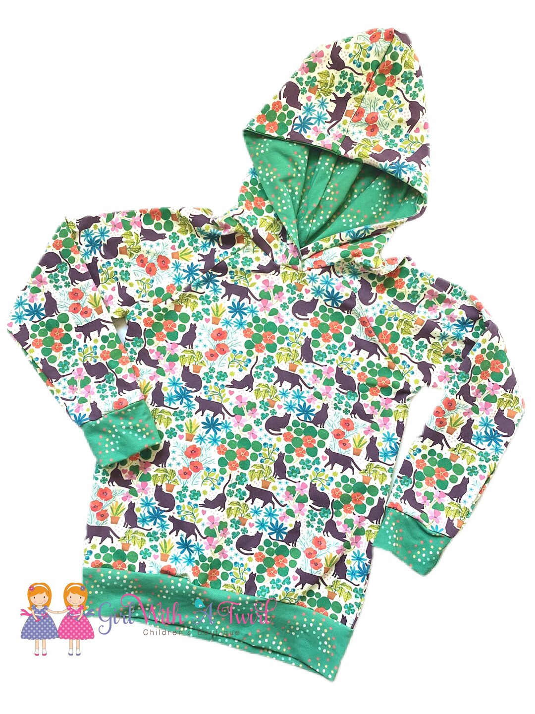 Girls Cat Hoodie, Cats and Plants Top, Toddler Hoodie, Hooded Top ...