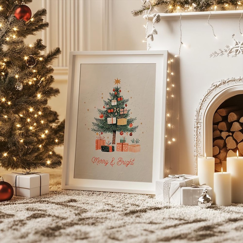 Retro Christmas Tree Printable Wall Art | Merry and Bright Xmas Poster | Instant Download ...