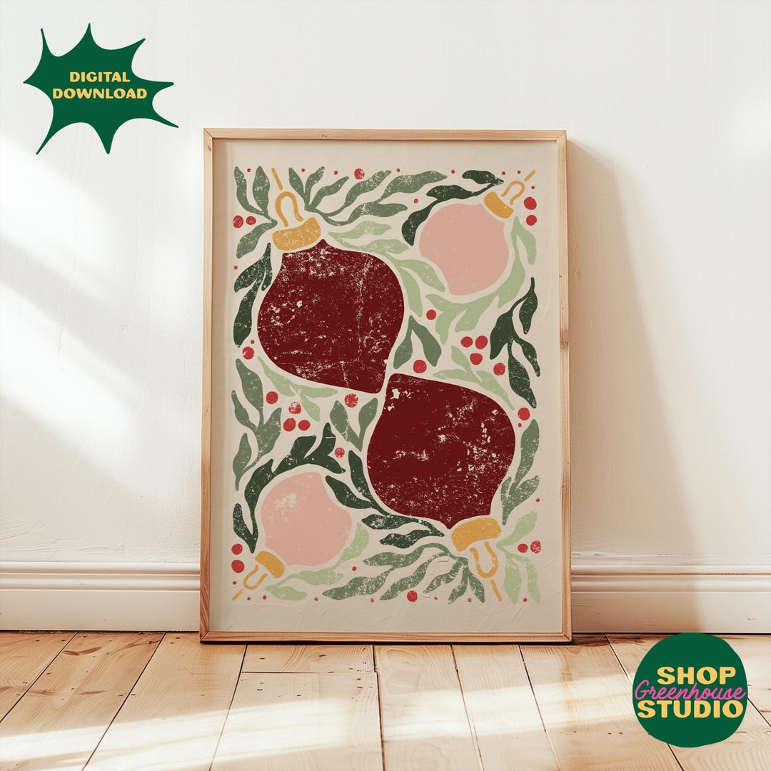 Vintage Christmas Ornaments Printable Wall Art | Maroon and Pink ...