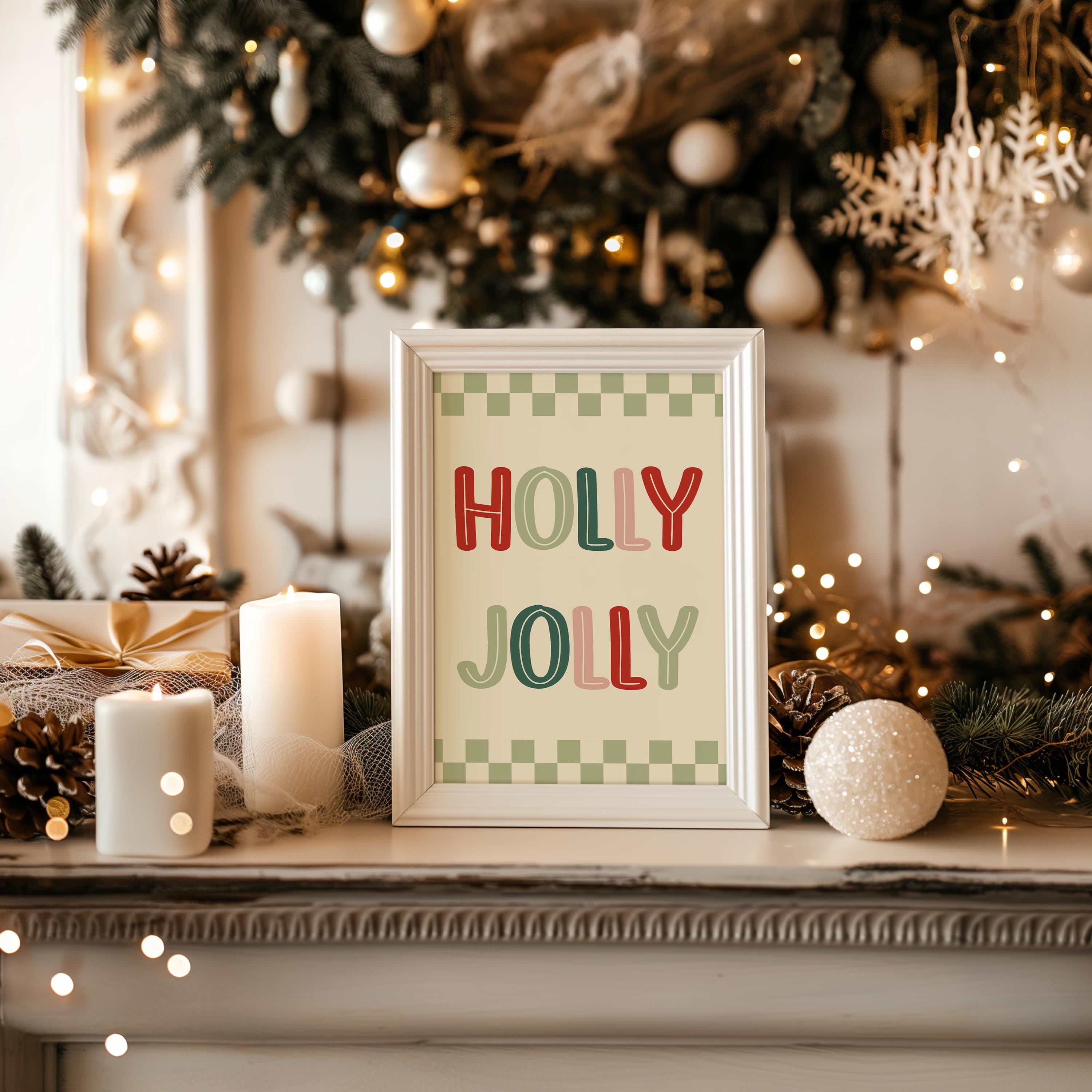 Holly Jolly Christmas Printable Wall Art With Checkerboard Pattern ...