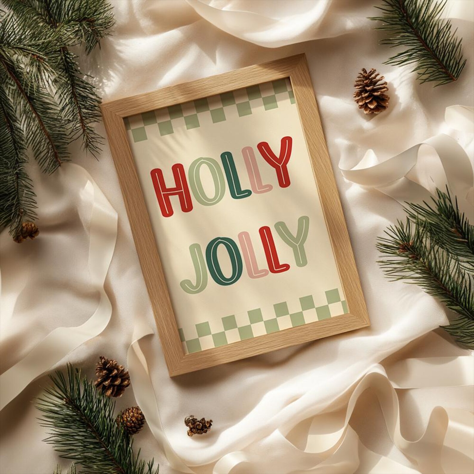 Holly Jolly Christmas Printable Wall Art With Checkerboard Pattern ...