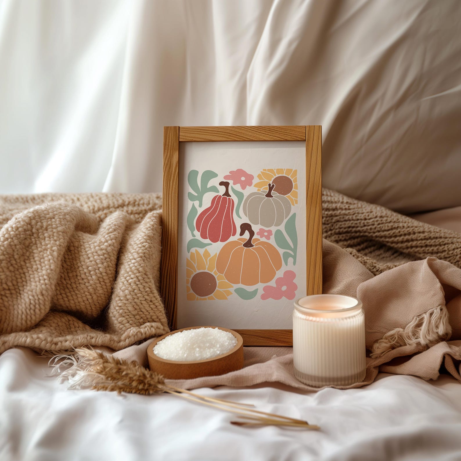 Retro Pumpkin Sunflower Print: Boho Fall Floral Wall Art - Etsy