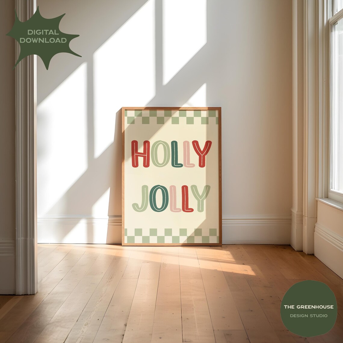 Holly Jolly Christmas Printable Wall Art With Checkerboard Pattern ...