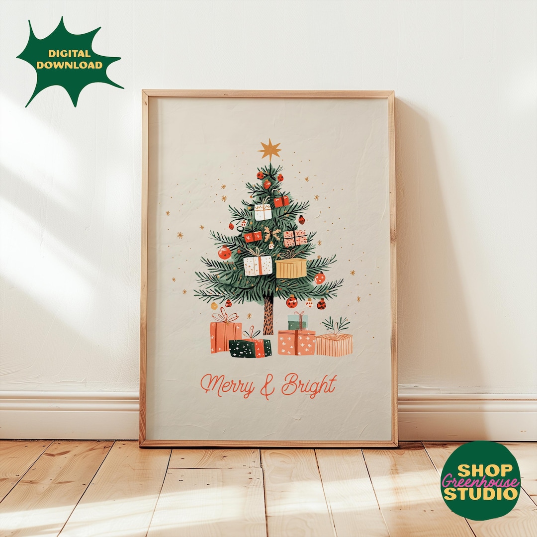 Retro Christmas Tree Printable Wall Art | Merry and Bright Xmas Poster ...