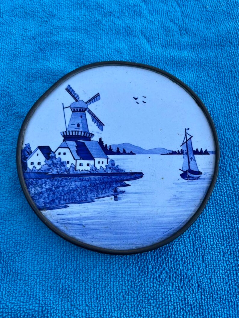 VINTAGE! White and Blue Delft Germany Round Trivet Tile - Etsy