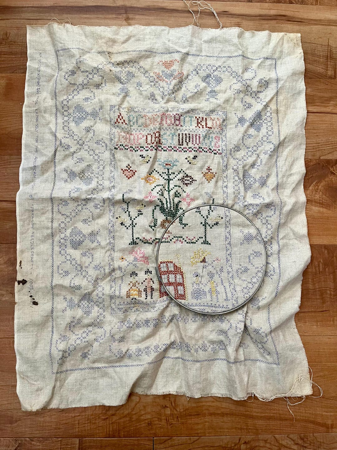 VINTAGE! Unfinished Cross Stitch Fabric With/ Alphabet, Flowers, Dutch ...
