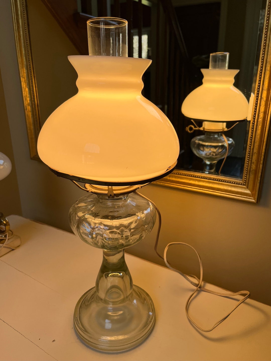 VINTAGE! Glass Hurricane Table Lamp - Etsy