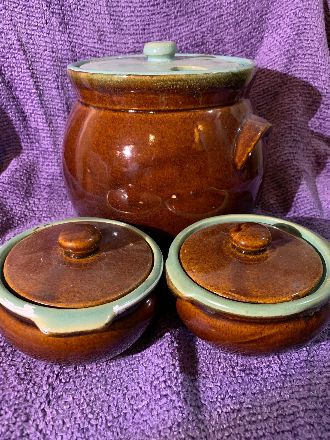 VINTAGE Stoneware Ceramic Lidded Soup Crock and Small Individual ...