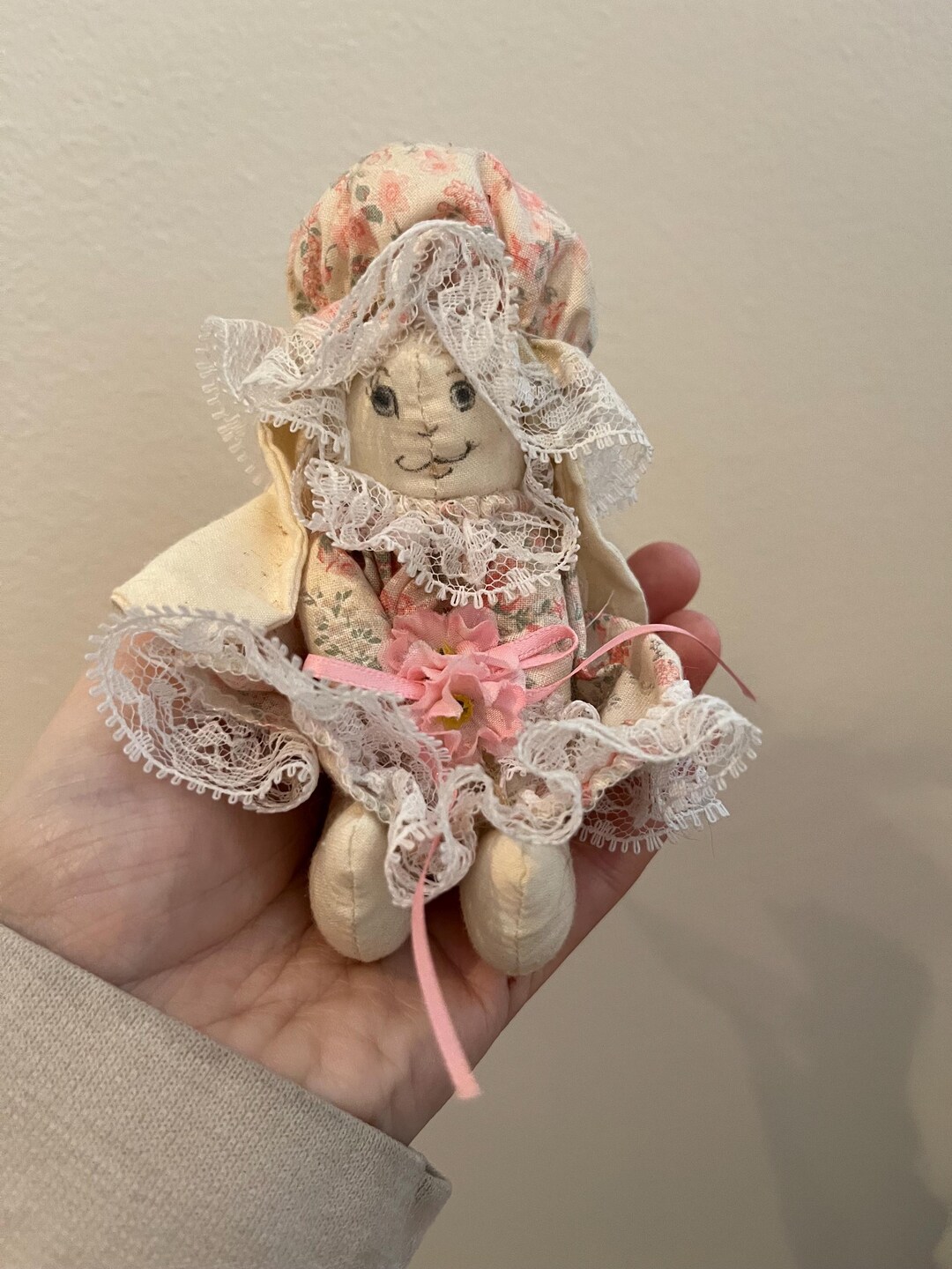 VINTAGE! Fabric Bunny in Lace Dress and Bonnet - Etsy