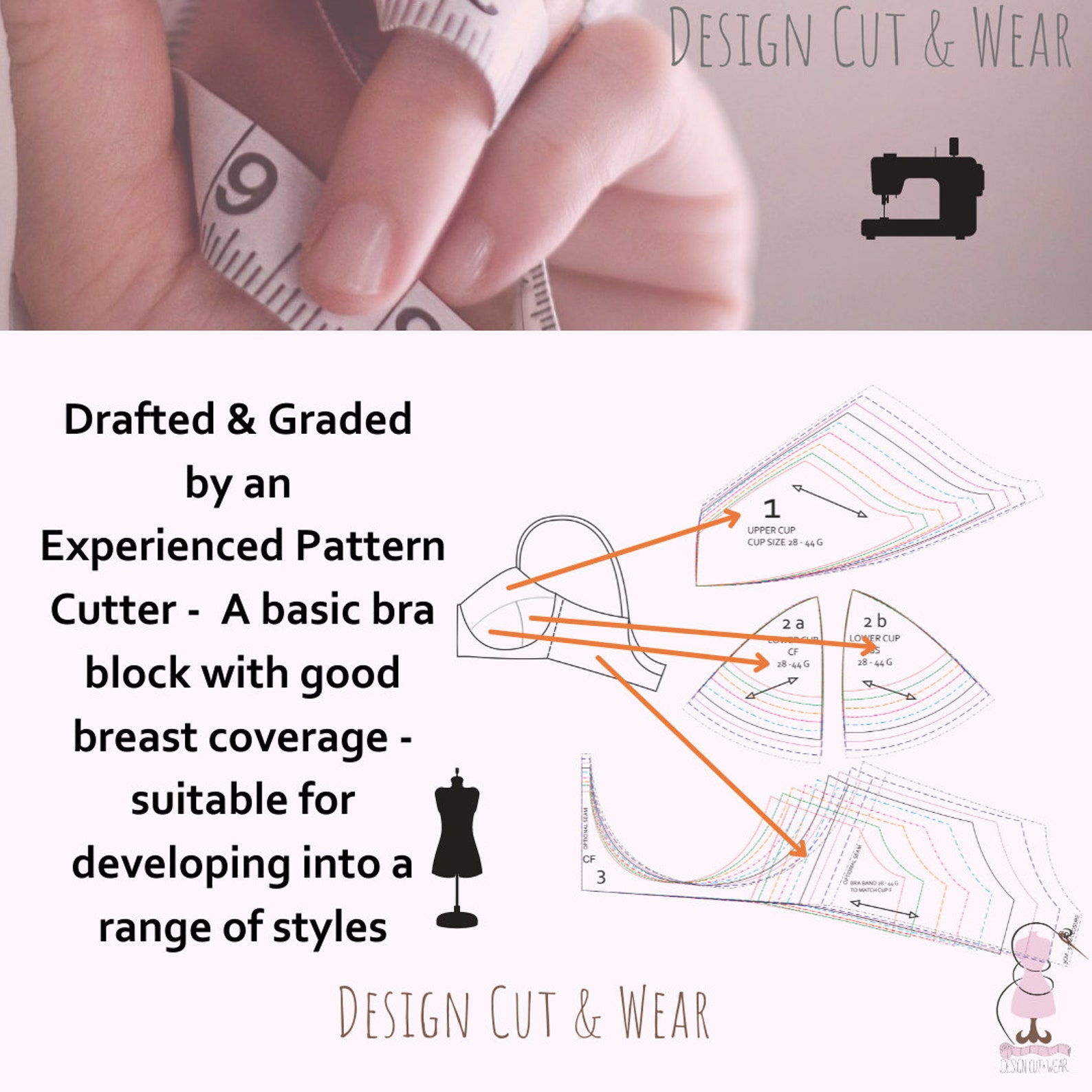 Basic Bra Pattern Block (sloper) - Larger- Cup Size E, F & G (UK ...