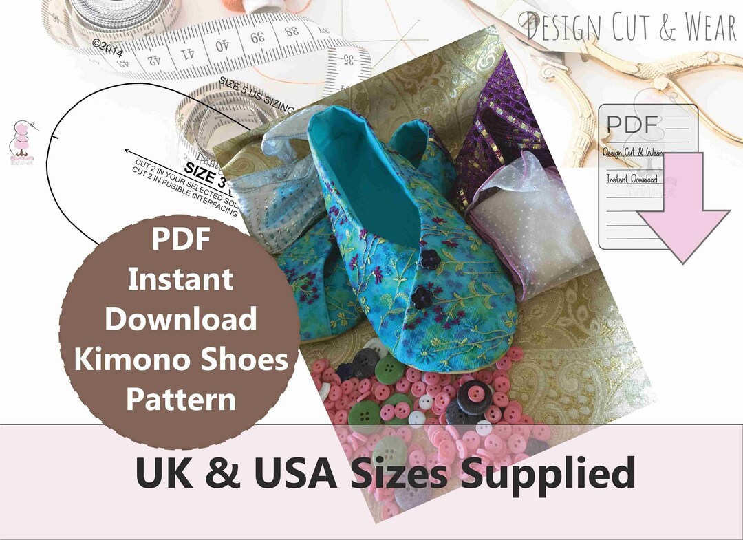 Slipper Style Kimono Shoe PDF Pattern Download - UK Sizes 3 to 8 US ...