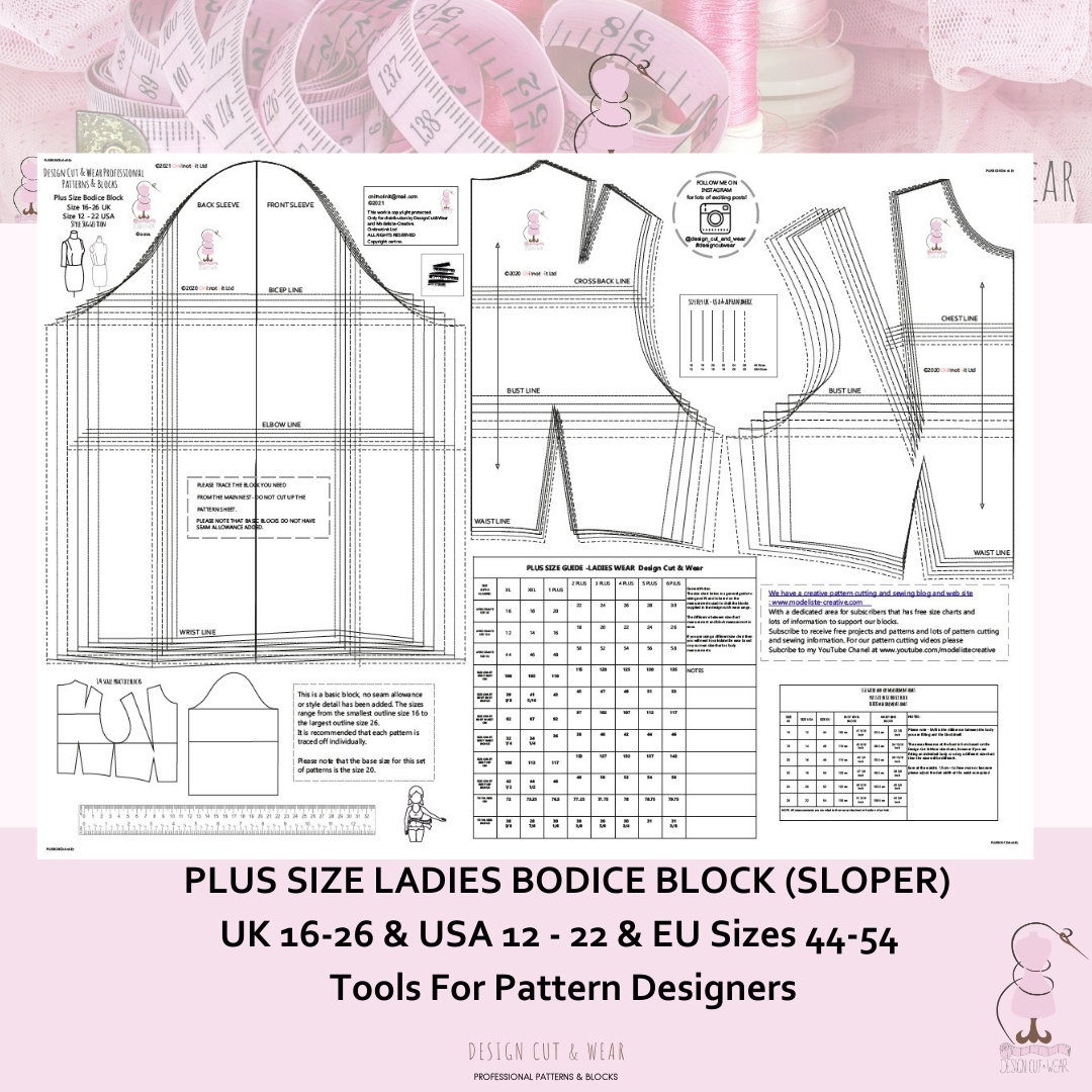 Plus Size Ladies Bodice Block & Sleeve UK Size 16 to 26 US Size 12 to ...