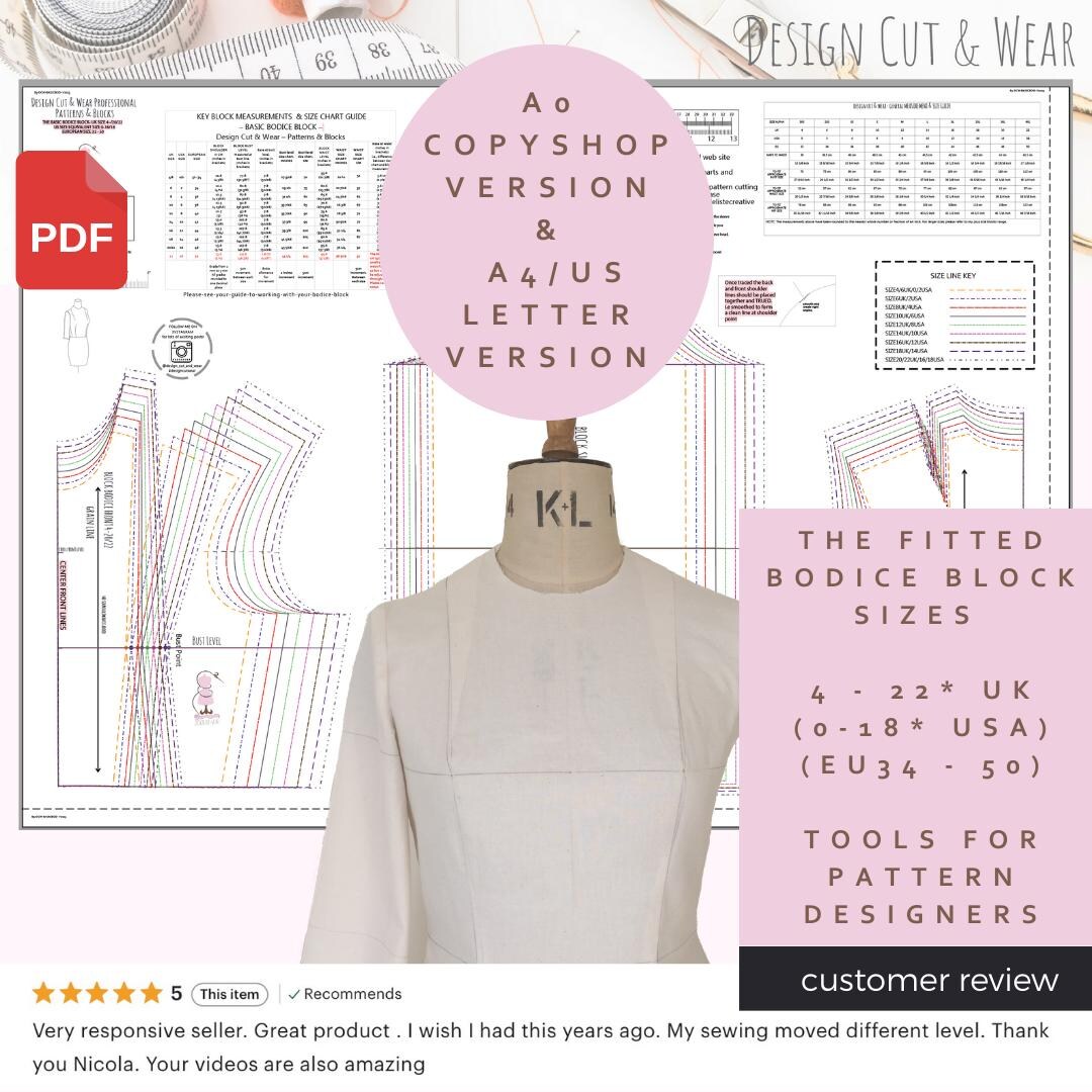 Basic Fitted Bodice Block / Sloper - A0 Copyshop & A4 / US Letter ...