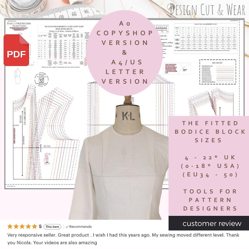 Basic Fitted Bodice Block / Sloper - A0 Copyshop & A4 / US Letter ...
