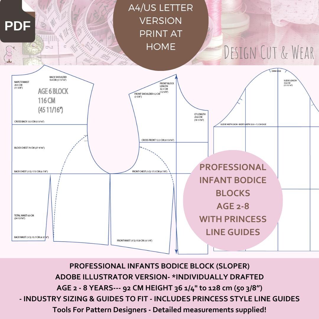 INFANTS Bodice Block -AGE 2- 8 -height-92cm-36 1/4” -128cm 50 3/8"- Professional Detailed Size ...