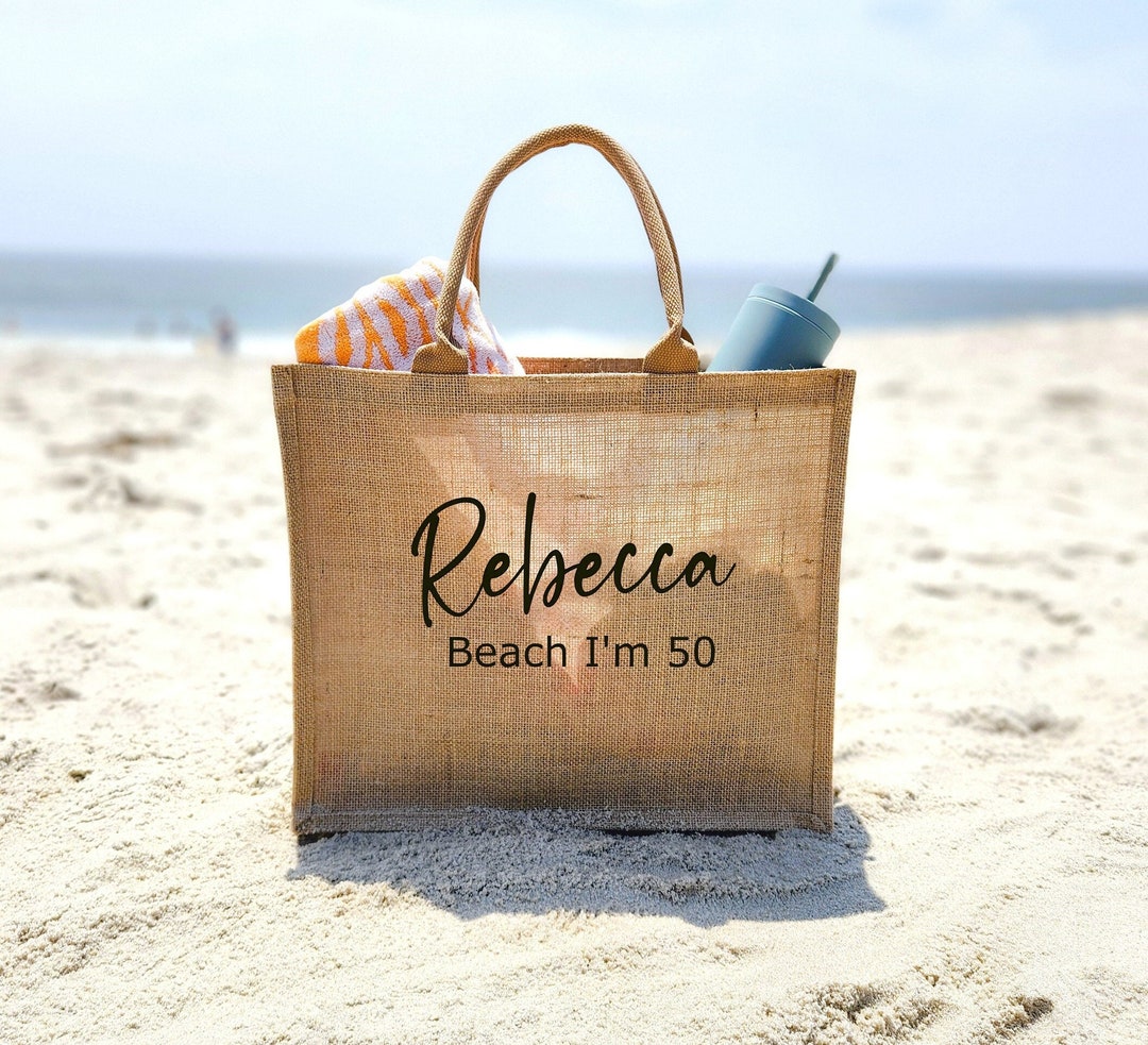Personalized 50th Birthday Burlap Tote Bag: Beach Trip Gift Custom Gift ...