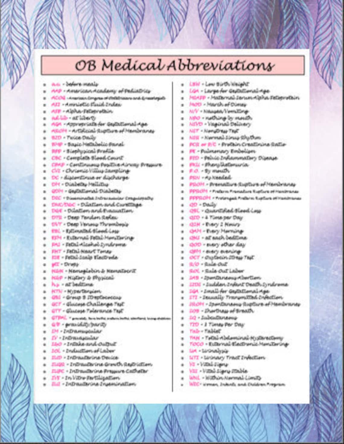 OB Medical Abbreviations / Maternal Child / Mother Baby / | Etsy