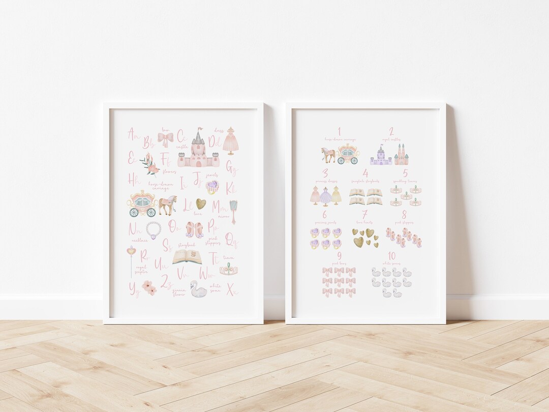 Set of 2 Pink Princess Alphabet & 1-10 Number Prints | Nursery Prints ...