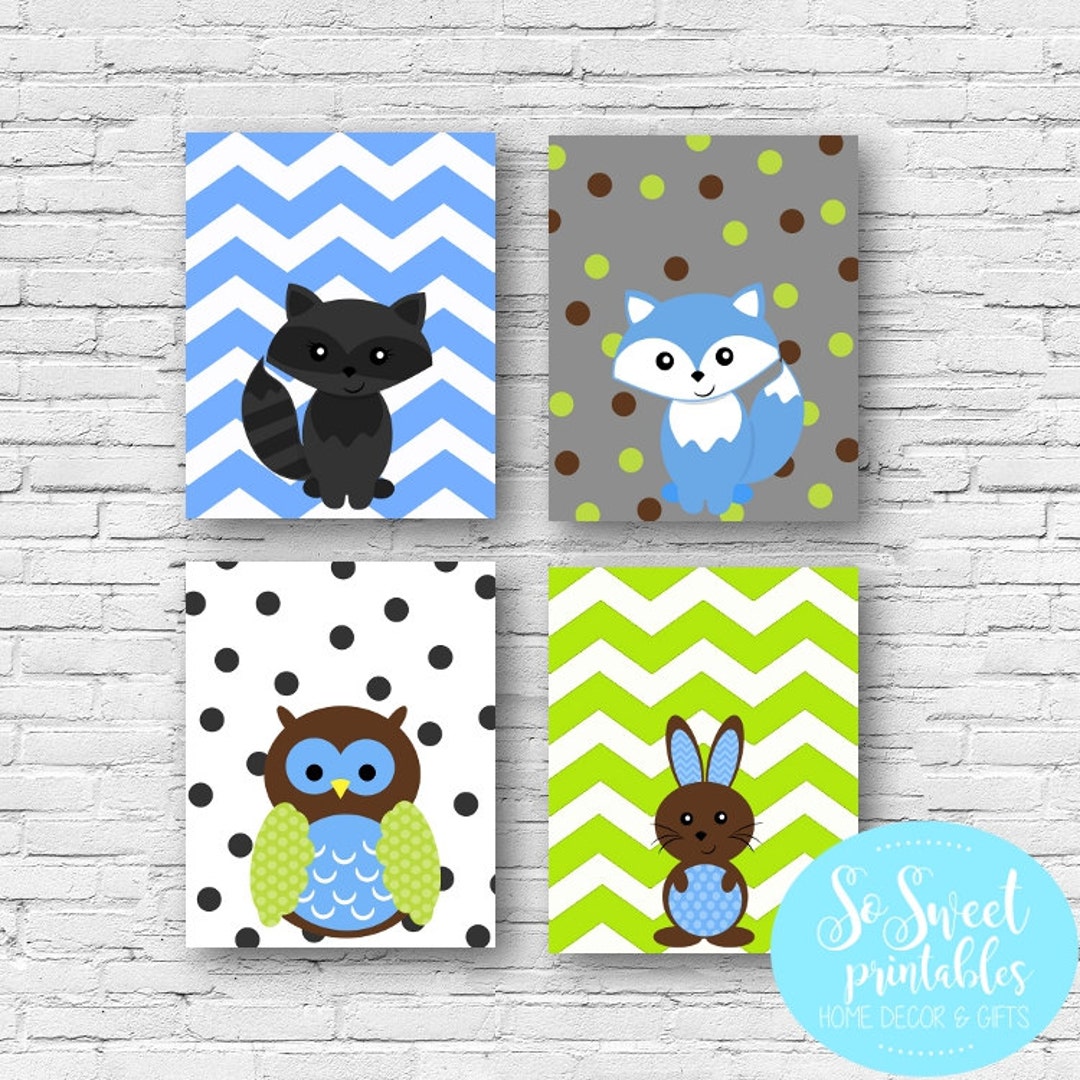 Woodland Animals Printables Set of 4 Forest Animals Blue Green Nursery ...