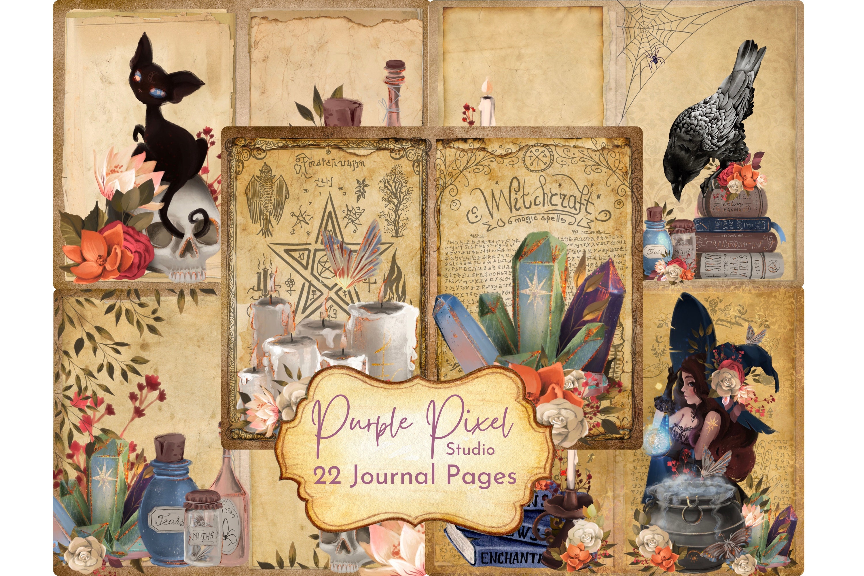 Witchy Themed Junk Journal Pages, Witch Junk Jurnal Printable, Digital ...