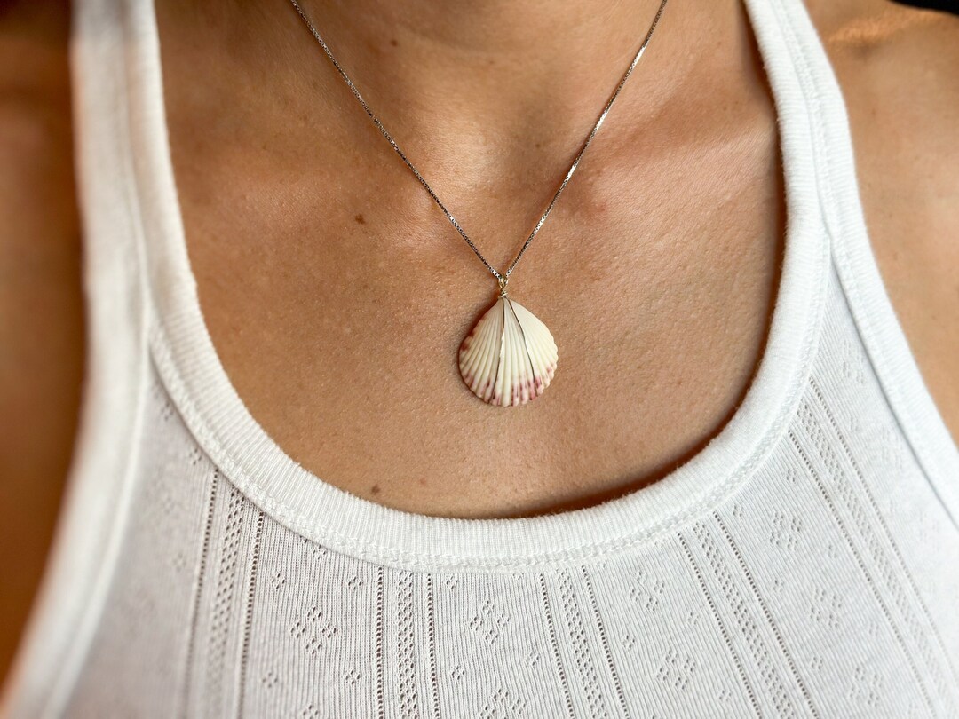 Wire Wrapped White and Pink Calico Scallop Shell Pendant Minimalist ...