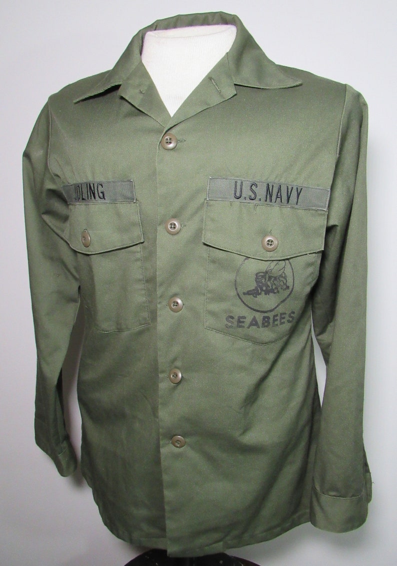 Vintage 60's / 70's US Navy USN Seabees Long Sleeve Shirt 15 1/2 X 33 ...