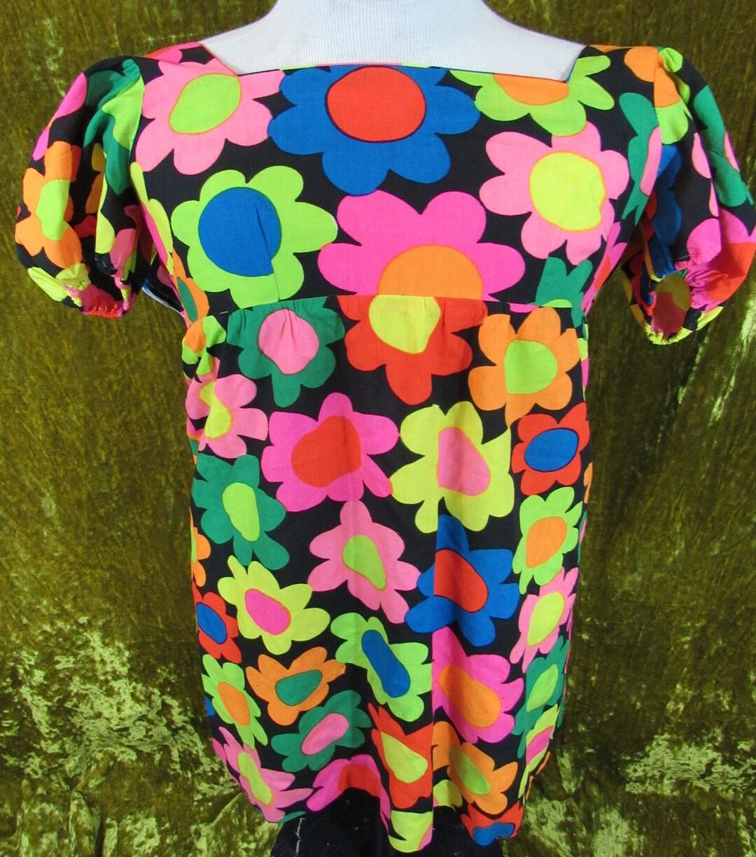 Vintage 60's Bright Neon Flower Pattern Print Dress Hippy Multi Color W ...