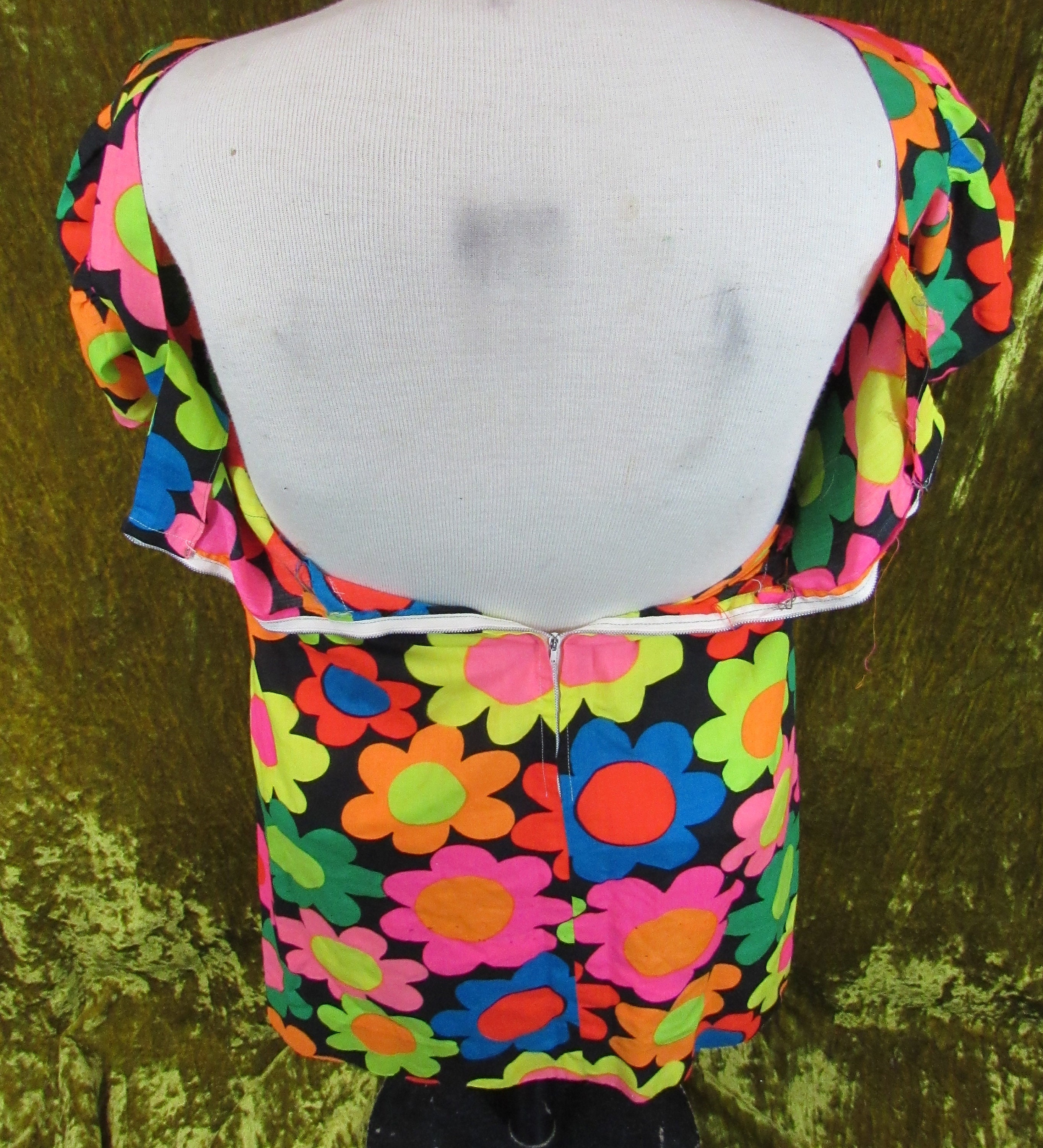Vintage 60's Bright Neon Flower Pattern Print Dress Hippy Multi Color W ...