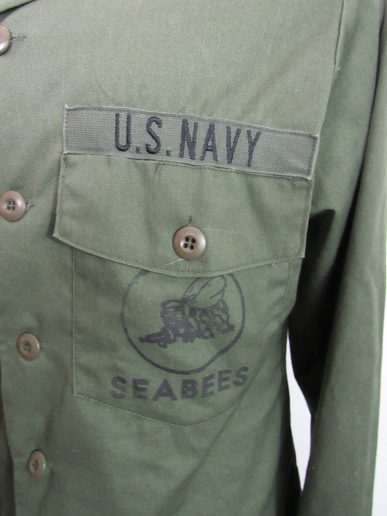 Vintage 60's / 70's US Navy USN Seabees Long Sleeve Shirt 15 1/2 X 33 ...