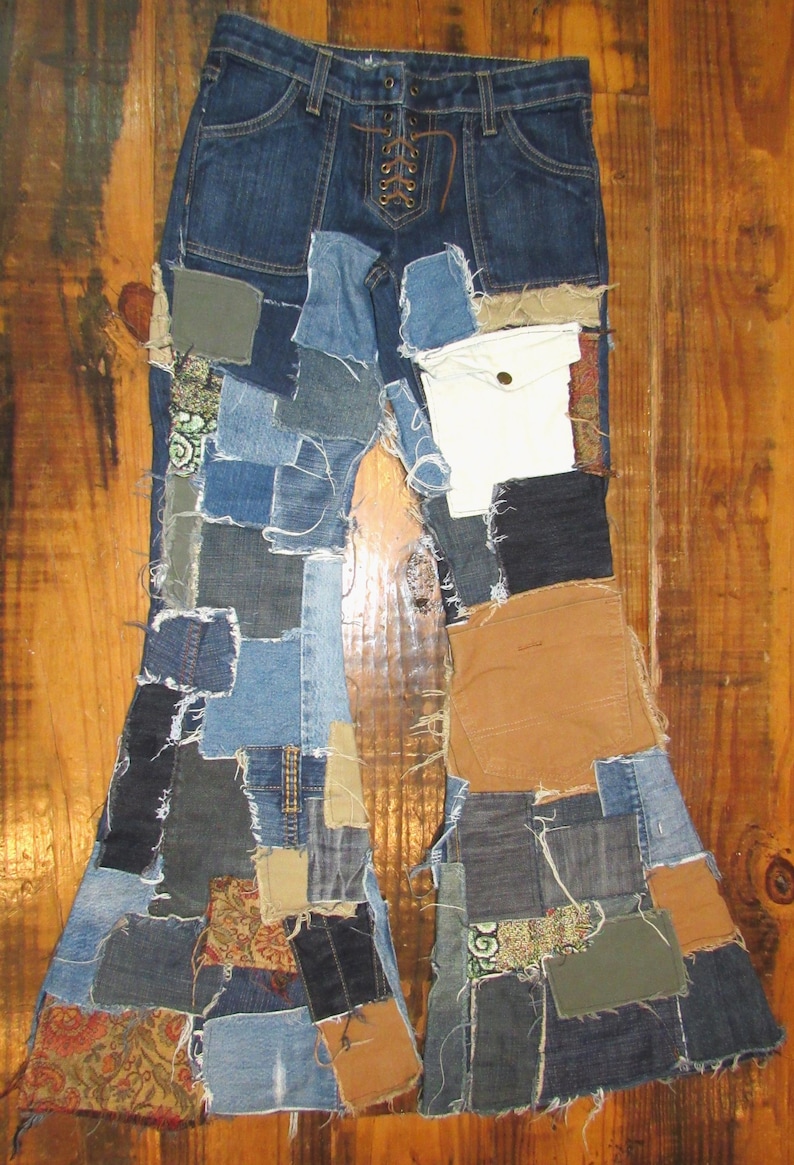 Y2K Carmar Wide Flare Handmade Patchwork Jeans Bell Bottoms 27" Waist ...