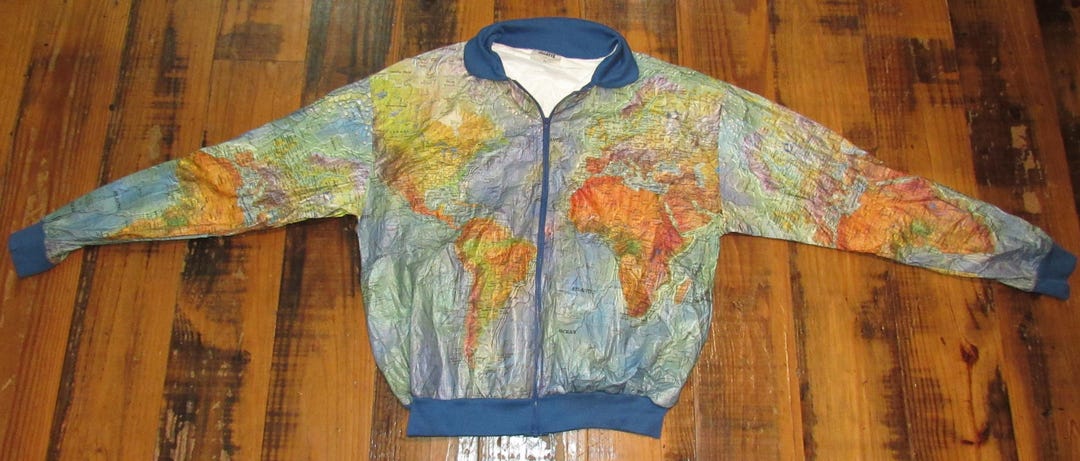 Vintage 80's 90's Tyvek World Map Full Zip Jacket Large XL Windbreaker ...